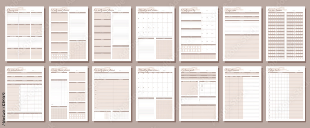 Fitness and meal planners set. Daily, weekly, monthly, workout tracker ...