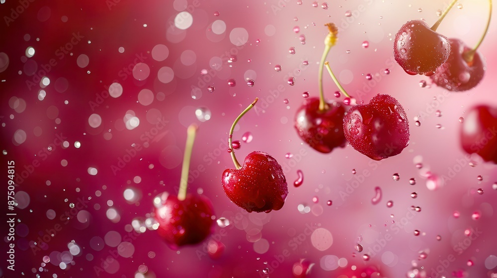 Pieces of ripe cherries falling in the air, water droplets floating ...