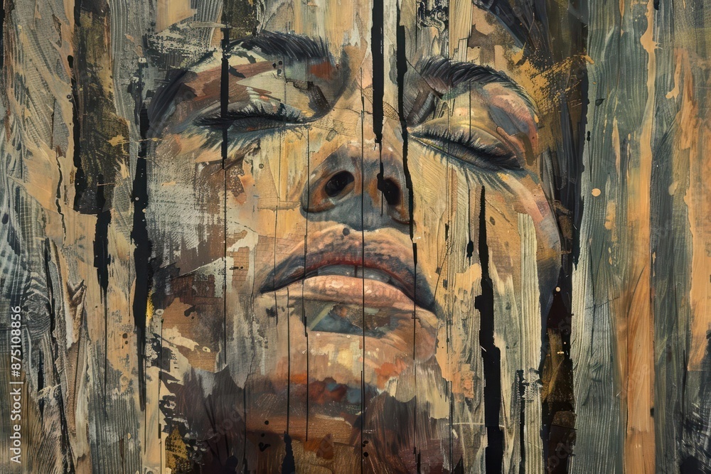 abstract portrait merges human features with wooden textures bold brush ...