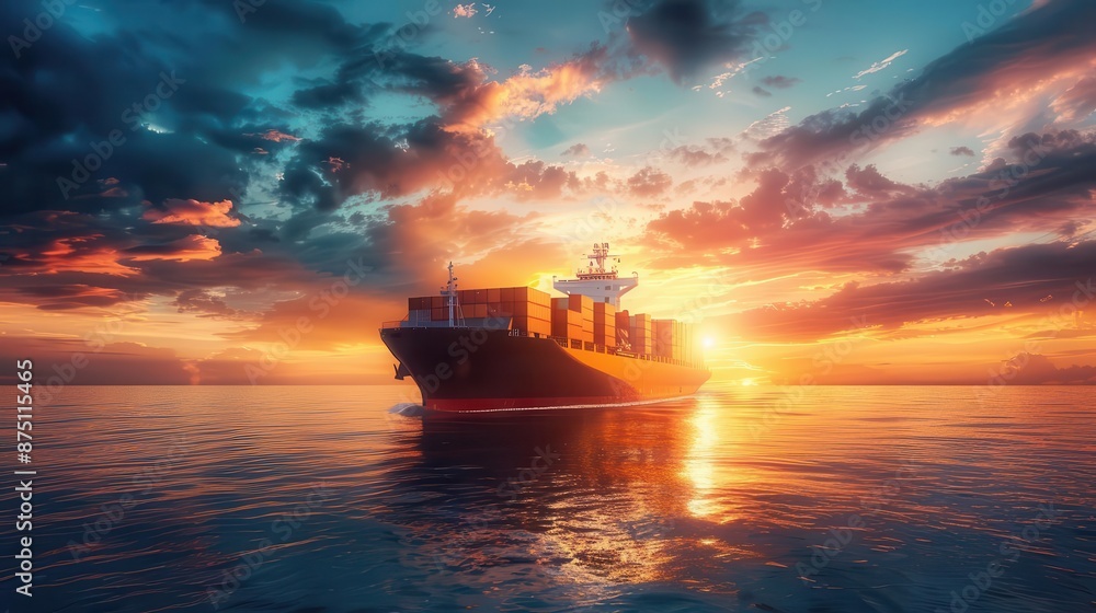 Silhouette of a cargo ship at sunset, shipping logistics, high contrast ...