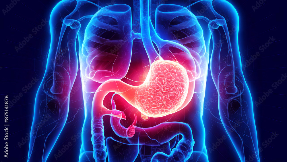 Anatomical illustration of the human digestive system highlighting the ...