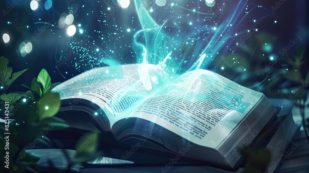 An enchanting open book radiating magical light and sparkles, surrounded by lush greenery ...