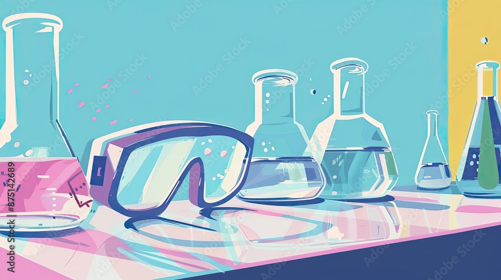 Colorful lab equipment and safety goggles illustration showing beakers ...