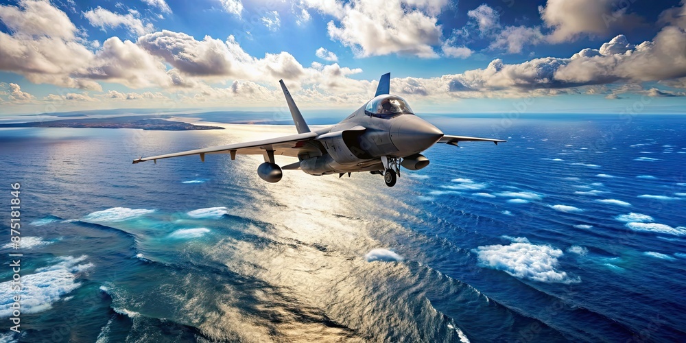 Fighter jet performing combat air patrol over ocean , military, defense ...