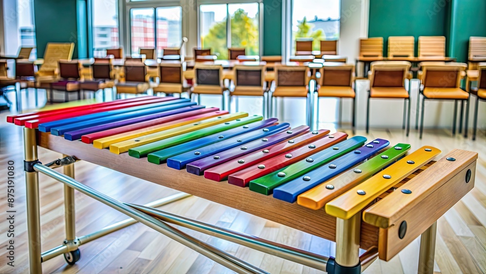 Colorful xylophone instrument with metal bars and wooden frame in a ...