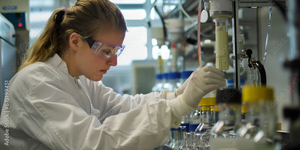 Female scientist conducting experiments in a high-tech laboratory ...