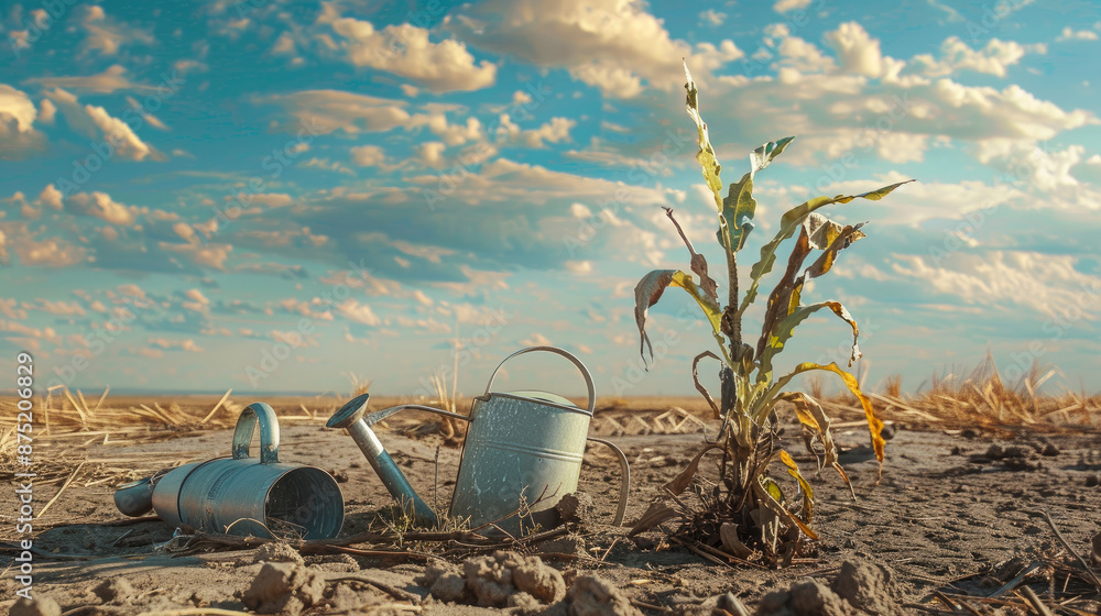 Severe drought threatens crops, as depicted by a withered plant, empty ...