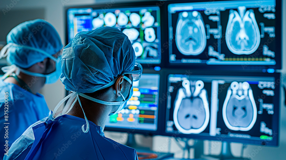 Back view of Medical professional analyzing brain scan result on ...