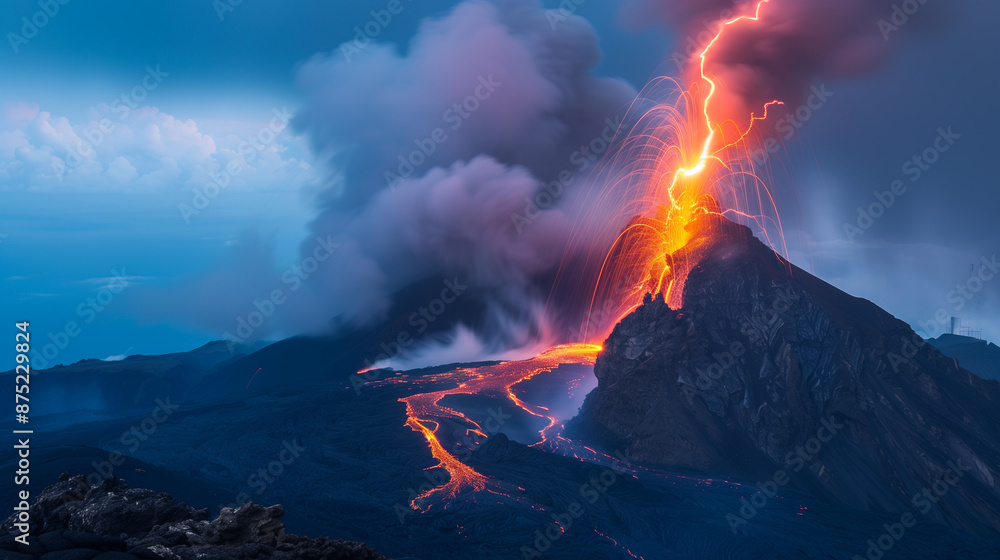 Volcanic Lightning, flashes of lightning that appear from the crater of ...