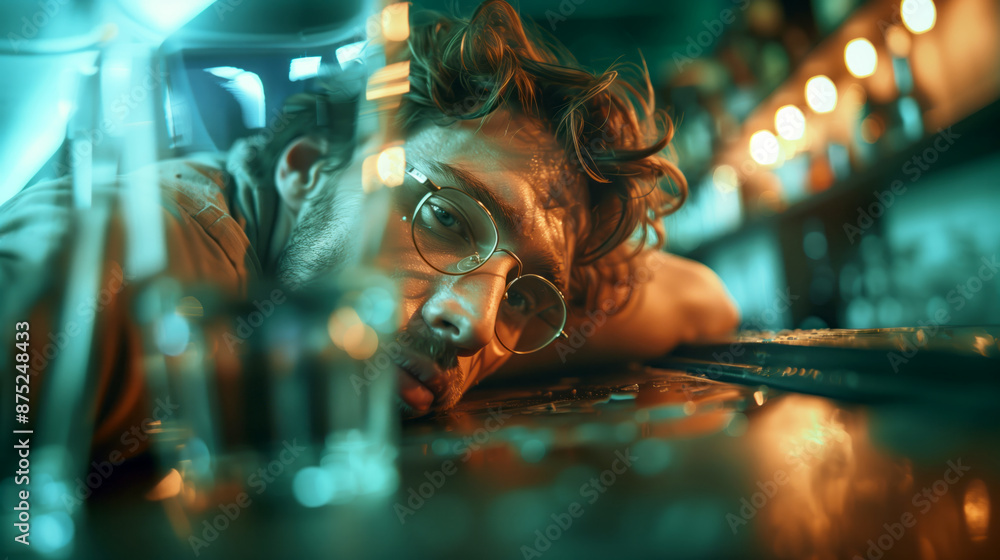 Drunk man slumped over a bar counter, surrounded by empty glasses and ...