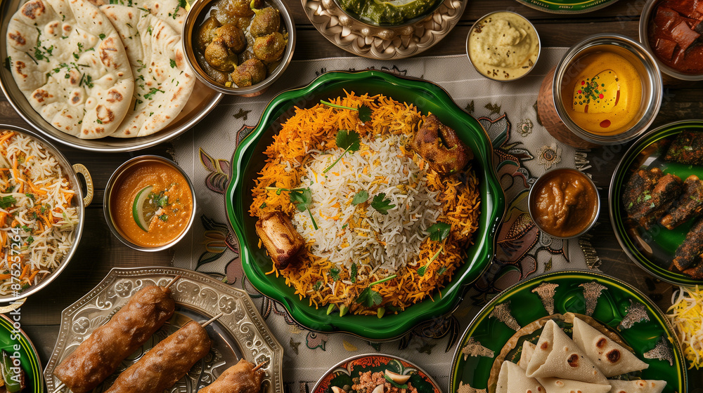 A table adorned with traditional Pakistani dishes featuring a variety ...
