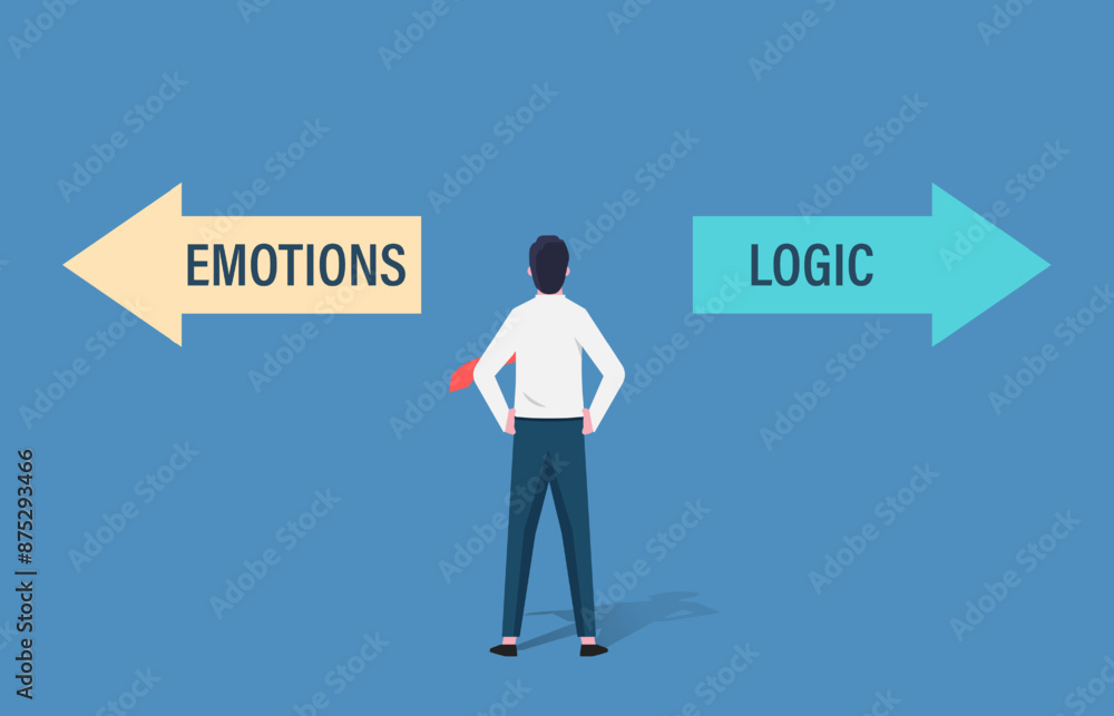 Emotions vs logic concept with businessman stand between arrows in ...
