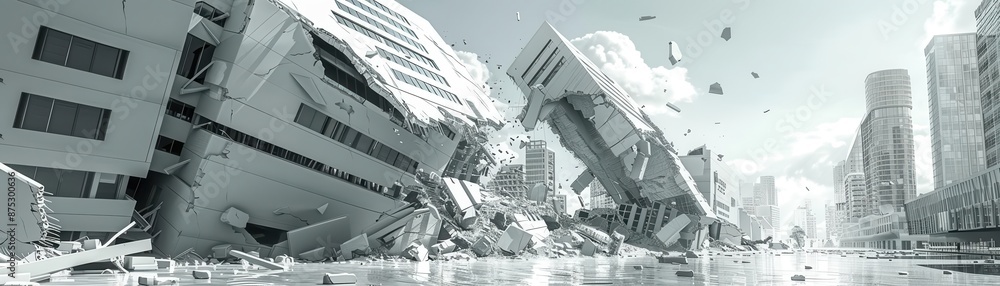 A devastating earthquake tearing through a modern city, buildings ...