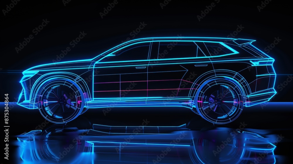 Neon outline of a modern SUV car with futuristic design in a dark ...