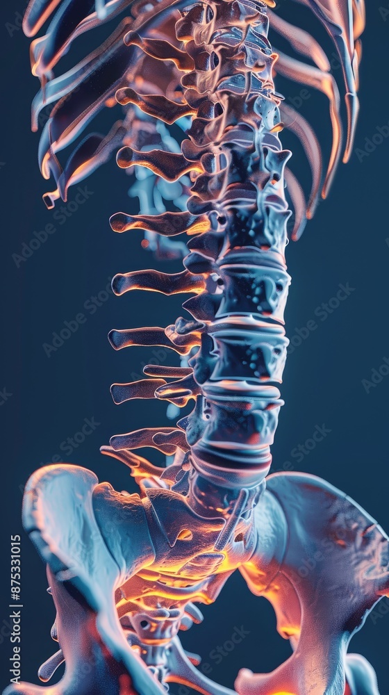Detailed 3D rendering of the human spine and pelvis showing the ...