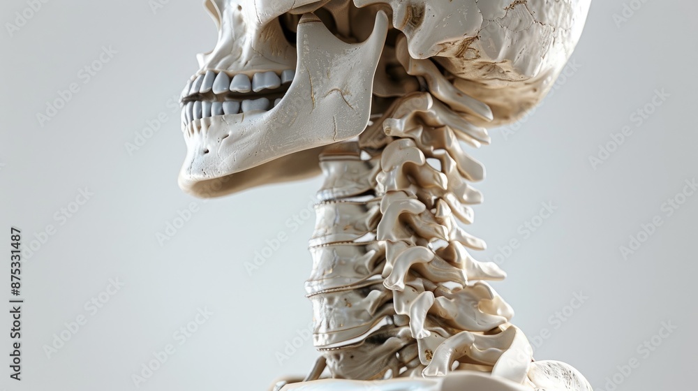 Detailed side view of a human skeleton model focusing on the skull and ...