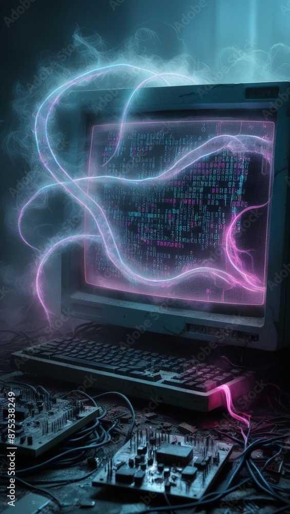 Cyberpunk wallpaper of a computer monitor displaying pink and purple ...