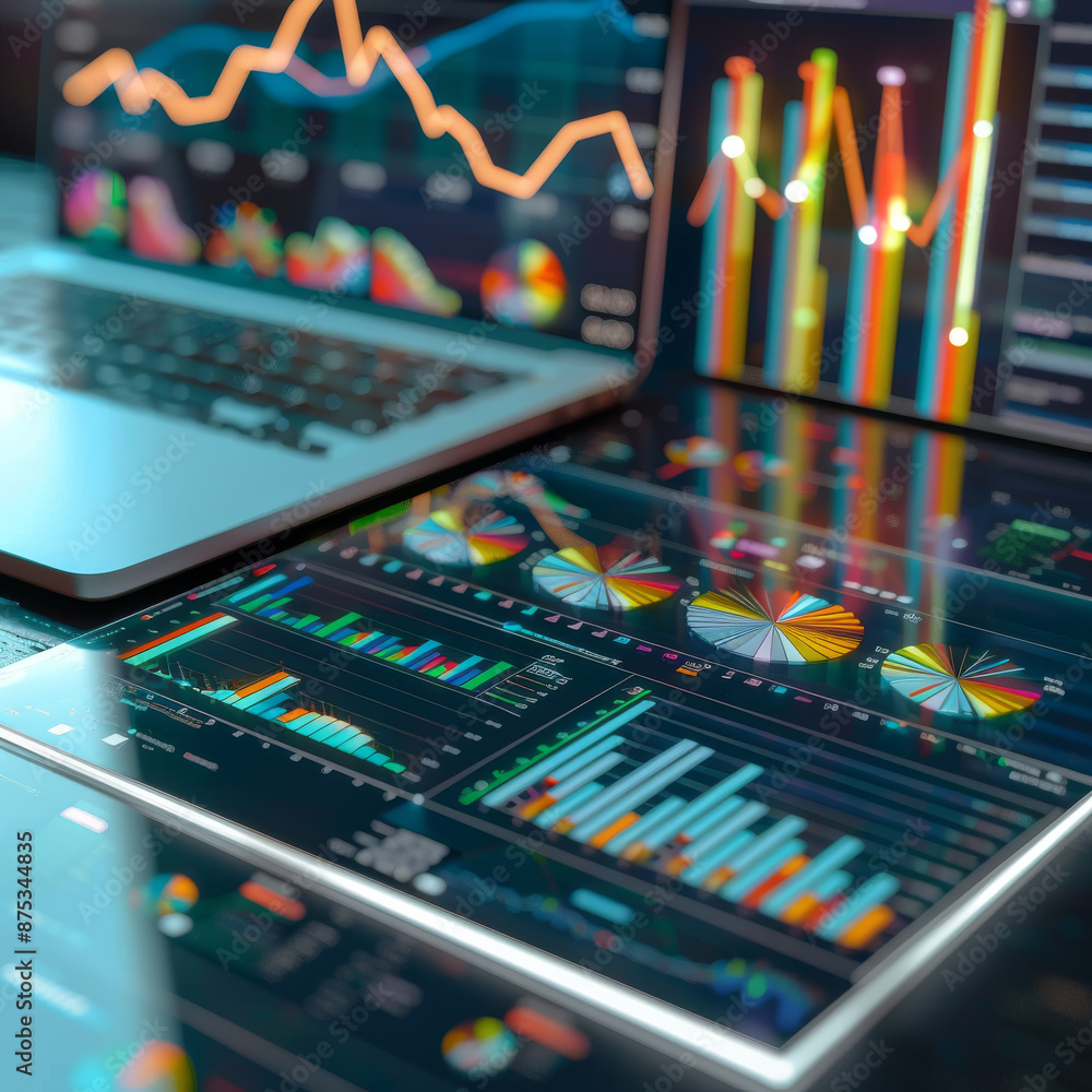 Stats data and digital marketing concept with a perspective view of ...