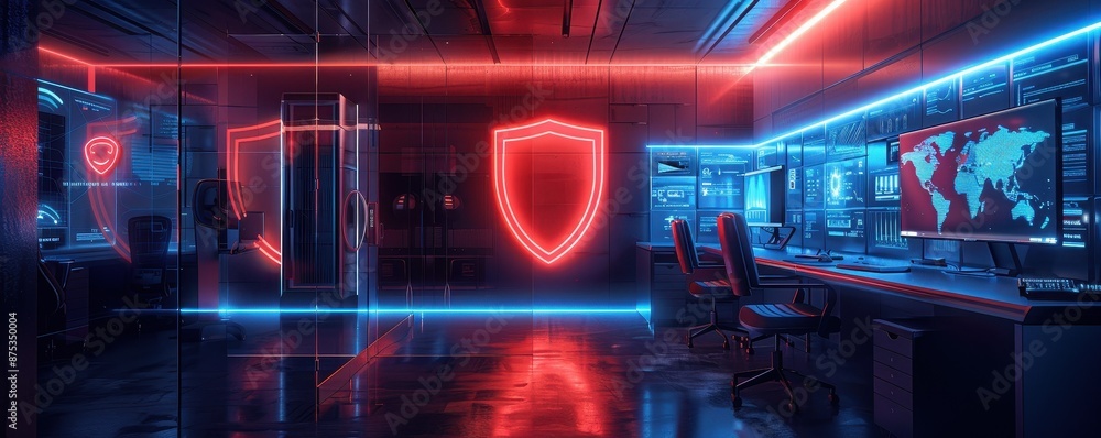 Smart office with shield symbols, firewall protections, and ...