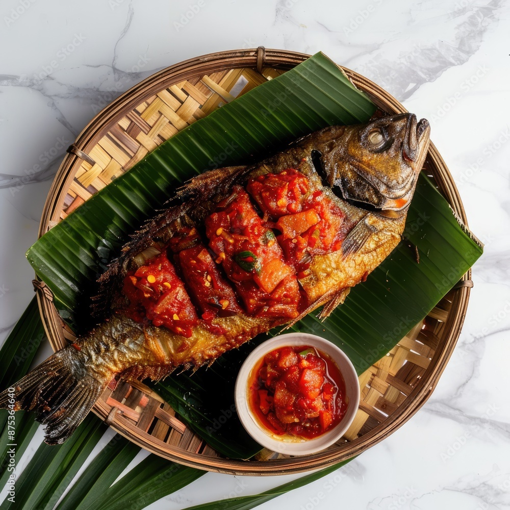 Fried Asian sea bass fish with a red sauce paste on top served with ...