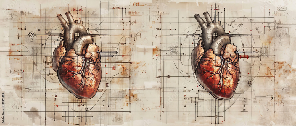 schematic anatomical heart sketch, steam punk, technical drawing ...