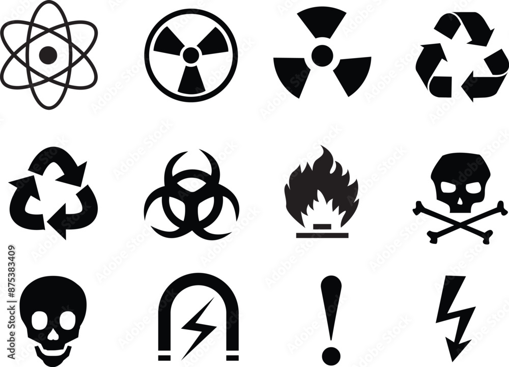 A detailed set of hazard and safety warning icons including radioactive ...