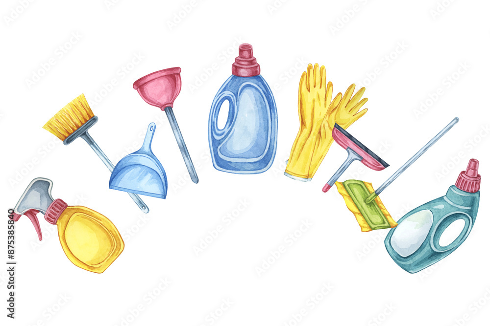 Collection of cleaning supplies as bottles, gloves, squeegee, dustpan ...