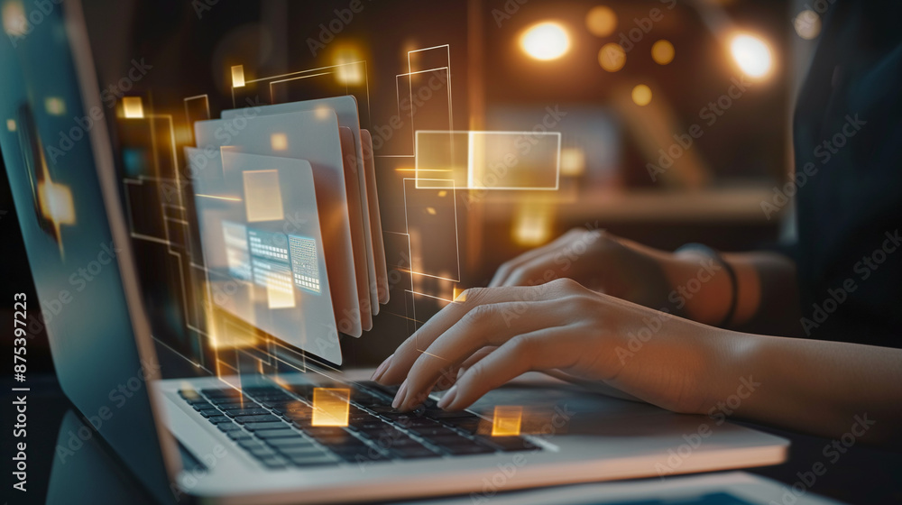 Document management system (DMS) technology, businessman use laptop ...