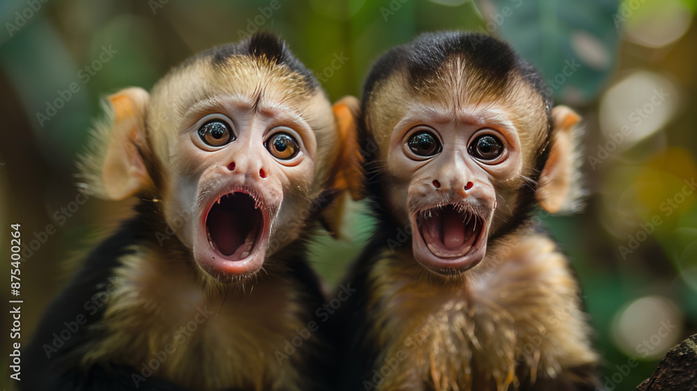 2 Capuchin monkeys, Eyes and mouth wide open with a surprised ...