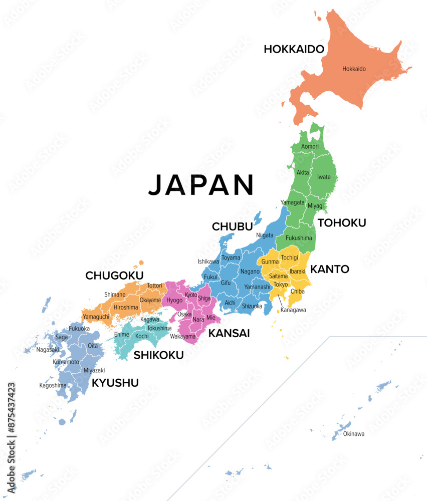 Vector de Stock Japan, regions and prefectures, multi colored political ...