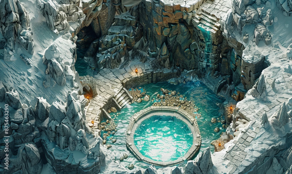 a top-down battle map for dungeons and dragons set in a large glacier ...