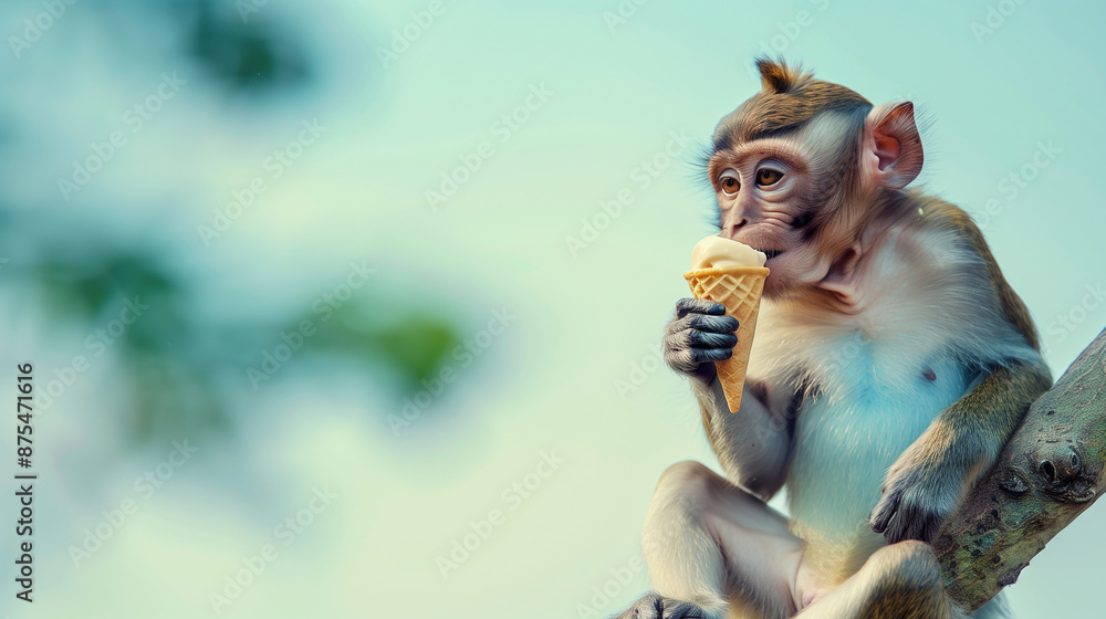 Adorable monkey savoring an ice cream cone, capturing a sweet and ...