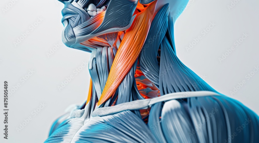 Detailed illustration of neck and shoulder muscle anatomy highlighting ...