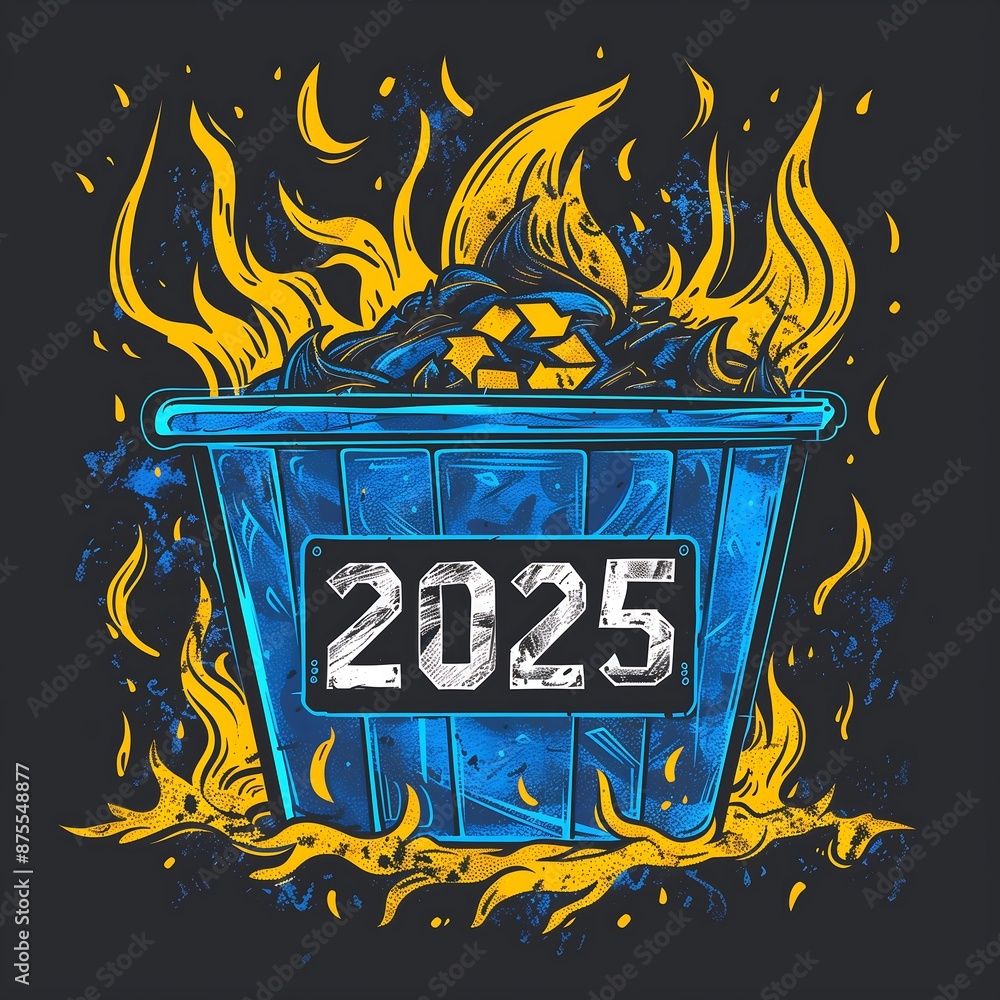 2025 dumpster fire flaming burning garbage bin symbol with warning and ...