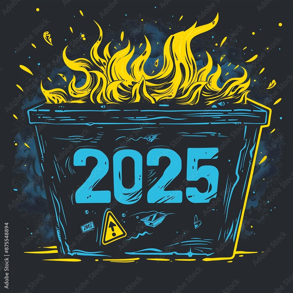 2025 dumpster fire flaming burning garbage bin symbol with warning and ...