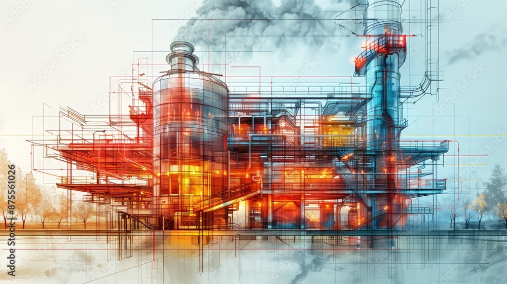 an operational industrial plant with its architectural blueprint. The ...