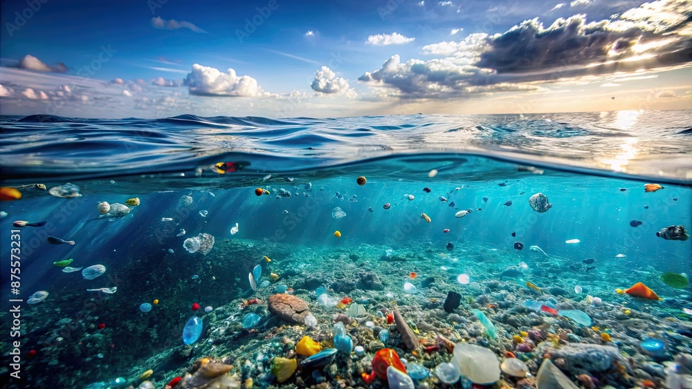 Close-up of a polluted ocean with microplastics floating on the surface ...