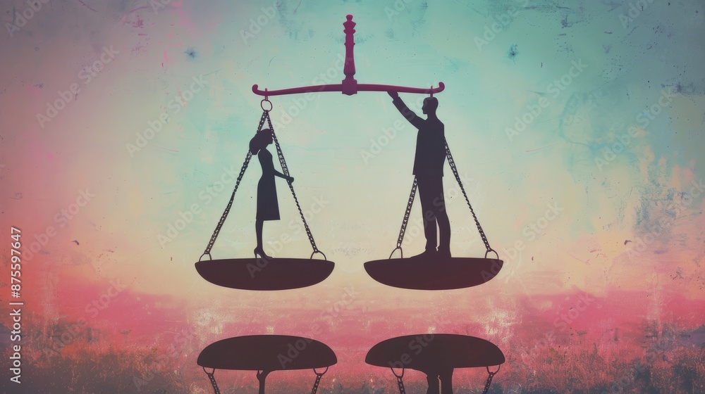 Gender equality concept, Man and woman balancing on a scale. Ideal for ...