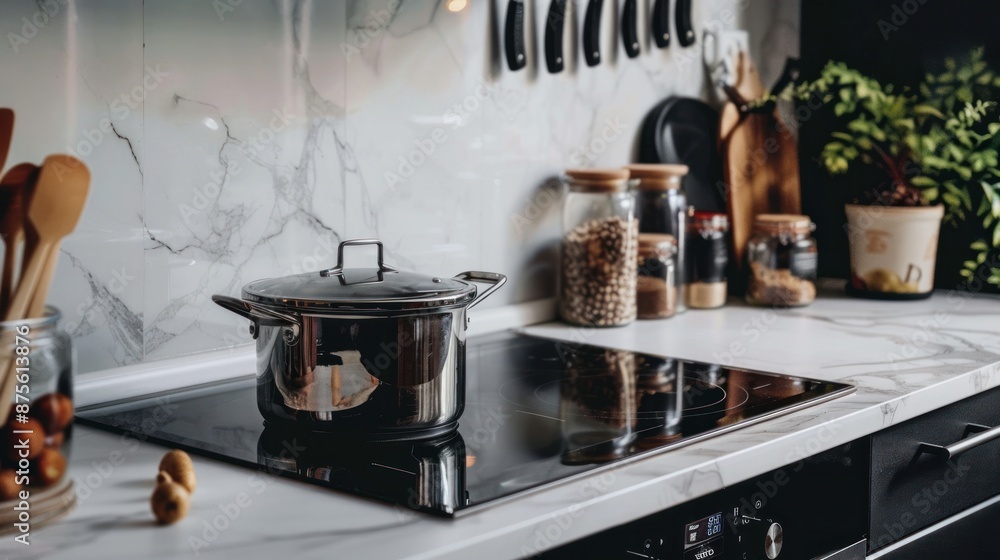 Black induction stove is on a white countertop with a marble backsplash ...