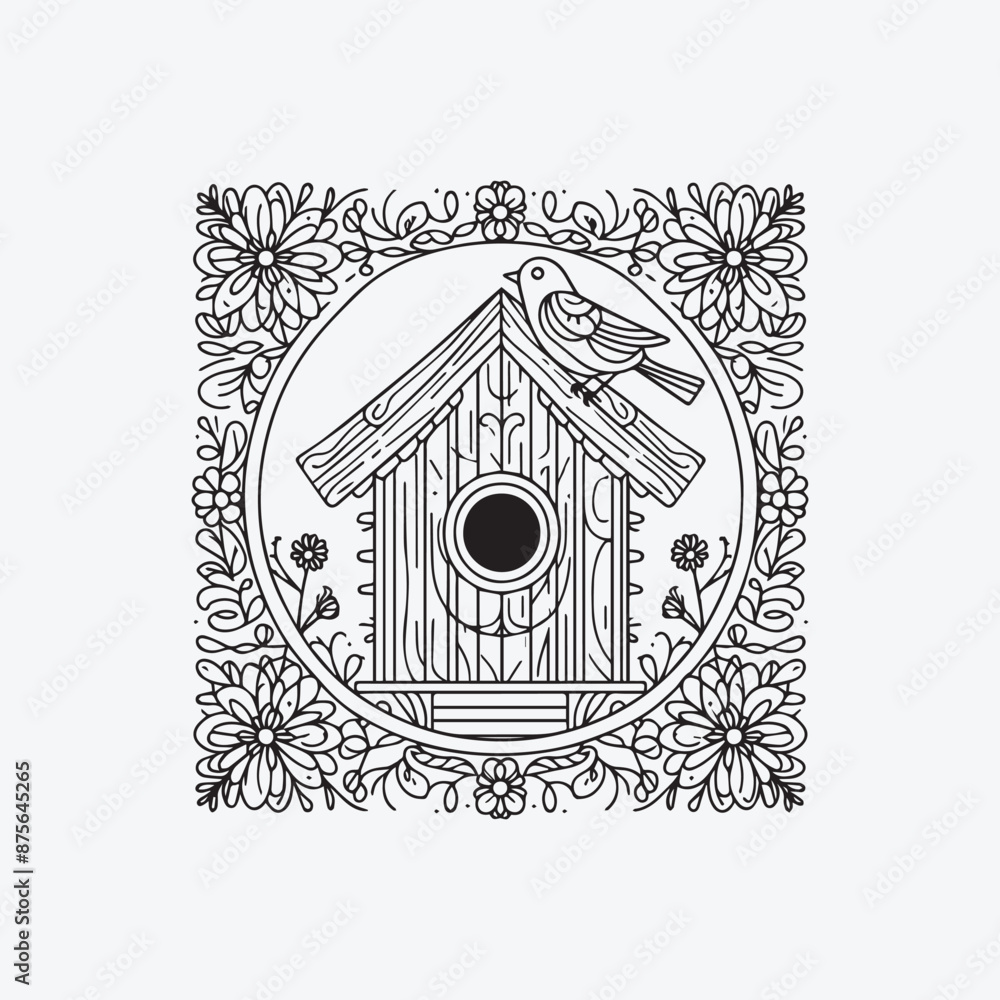 Bird House Spring Coloring Page for Adults A bird should be standing on ...