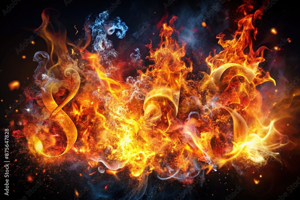 Flames engulf a mix of fonts, numbers, and symbols, ablaze in vibrant ...