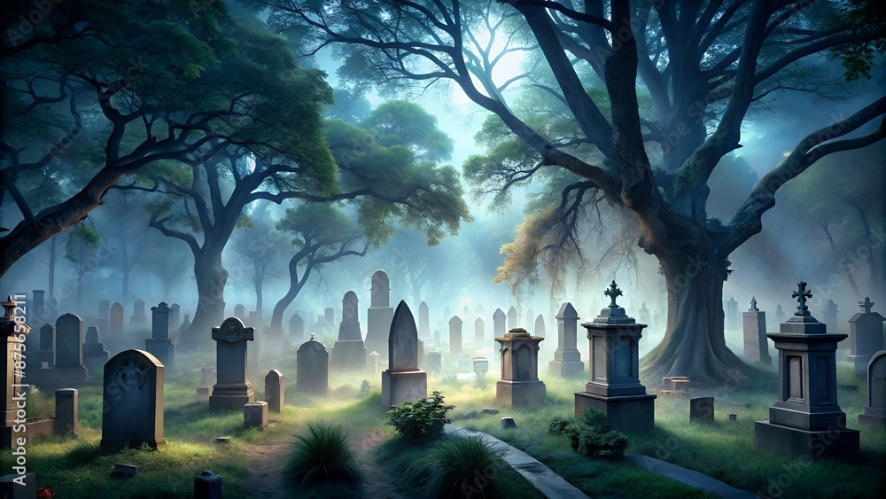 Haunted Cemetery Create a spooky graveyard with tombstones, mist, ghost ...