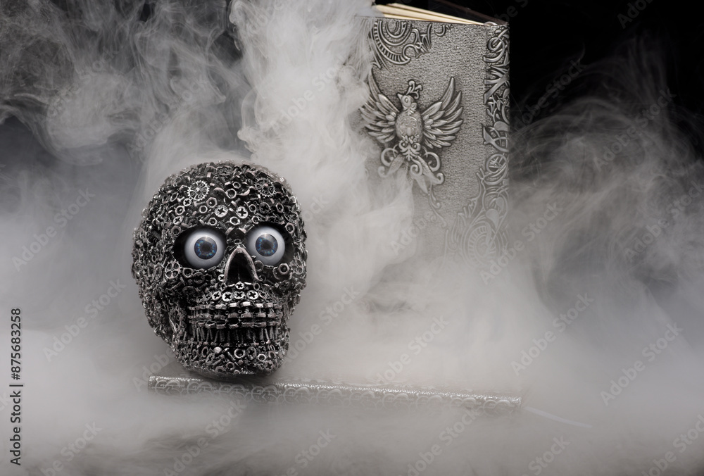 Antique embossed book with skull of screws and bolts surrounded with ...