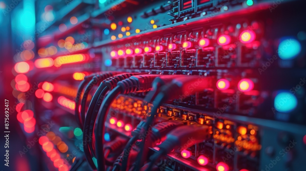 Close-up of a network server rack with illuminated LEDs and connected cables, showcasing modern ...