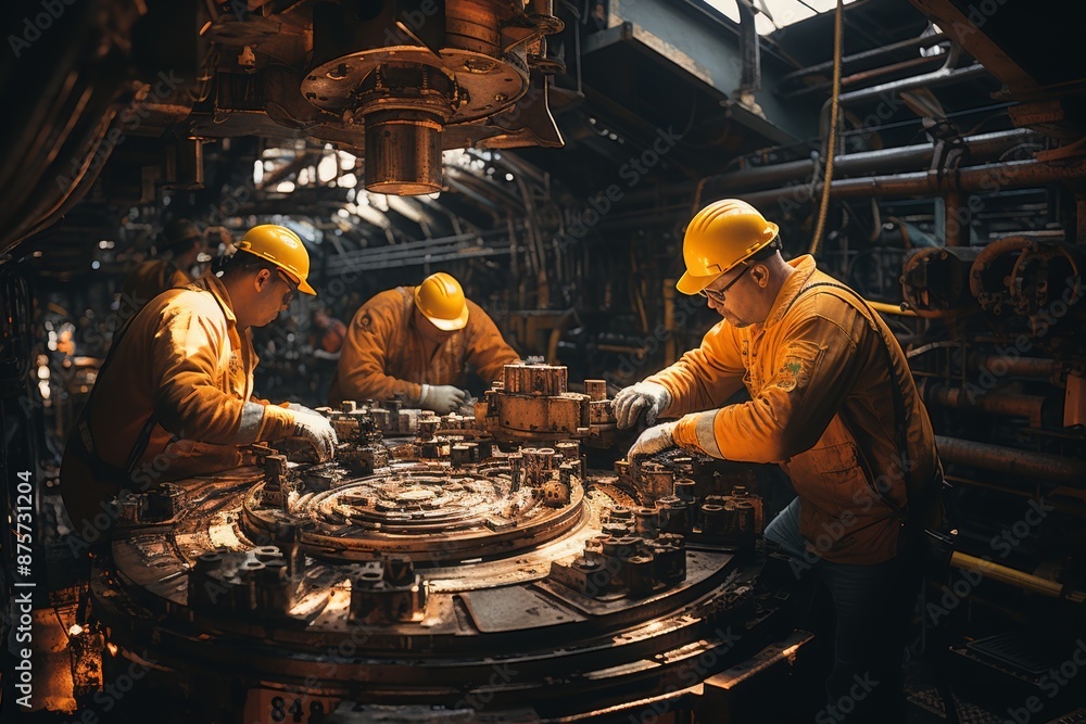 Riggers employ pulley system to lift pipe with chanblock on offshore ...