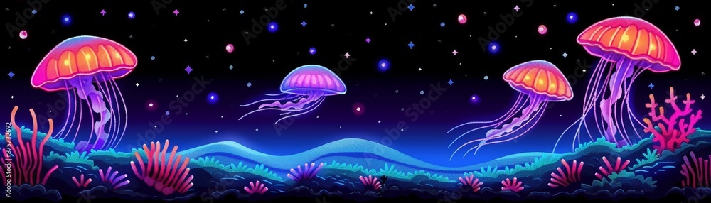 Pixelated underwater scene with glowing jellyfish and exotic sea ...