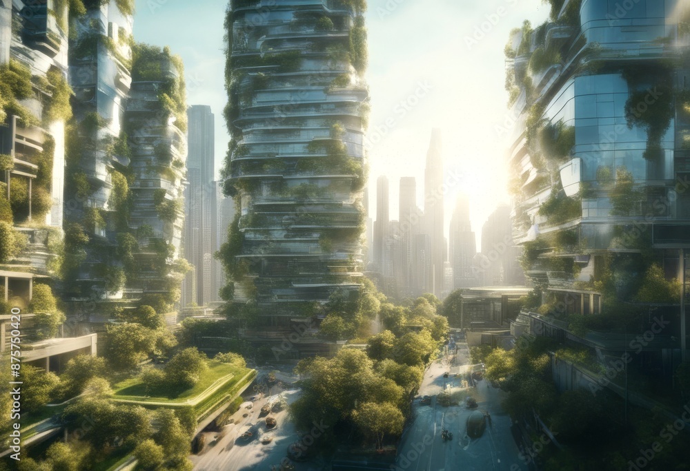 futuristic sunlight rise architecture high vegetated buildings ...