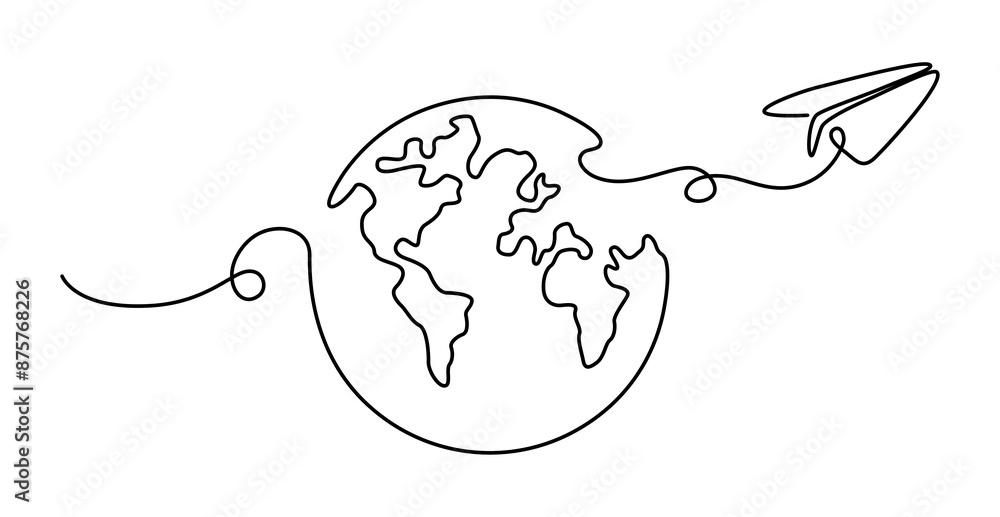 One continuous line drawing of Earth globe with paper airplane Stock ...