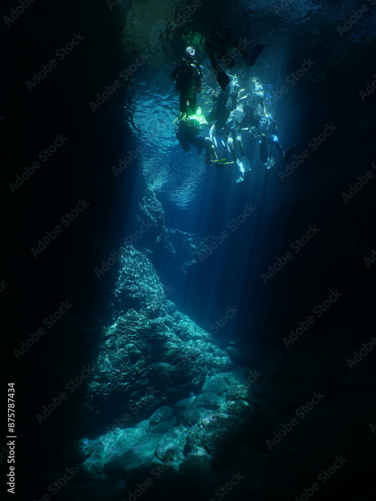 cave diving underwater ocean scenery sun beams and rays background ...