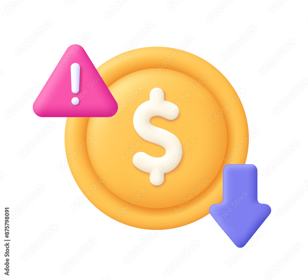 Coin with warning sign and arrow down. Money decrease, falling value, currency depreciation ...